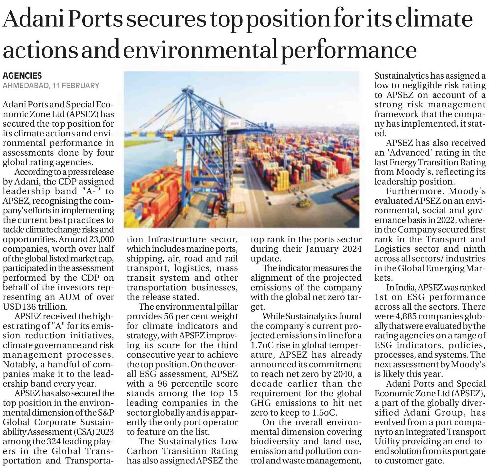 Adani Ports secures top position for its climate actions and ...
